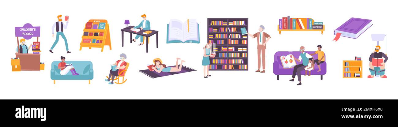 Book people set of flat icons with images of bookcases bookfair stalls ...