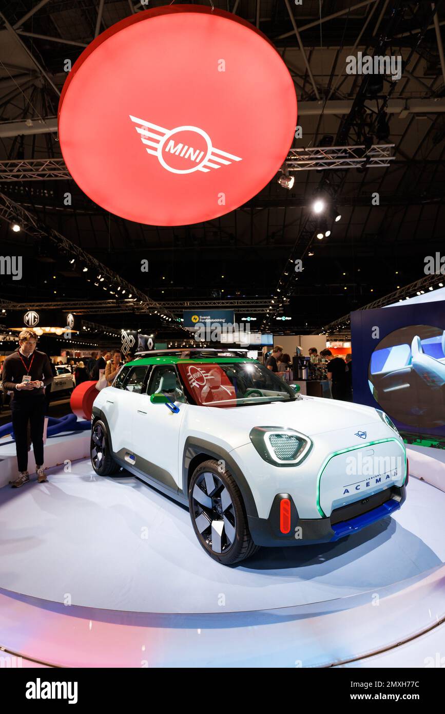 Stockholm, Sweden. 3rd Feb, 2023. People look at a BMW MINI electric concept vehicle at the ...