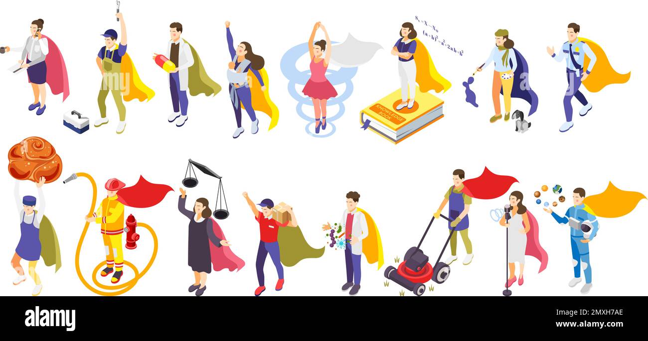 Ordinary people superheroes isometric characters 2 horizontal rows with ... Ordinary people superheroes isometric characters 2 horizontal rows with ...