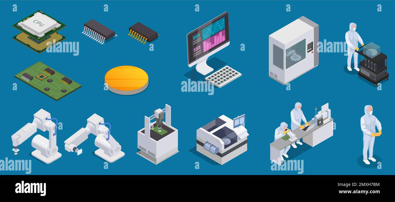 Semiconductor chip production isometric set with isolated icons of ...