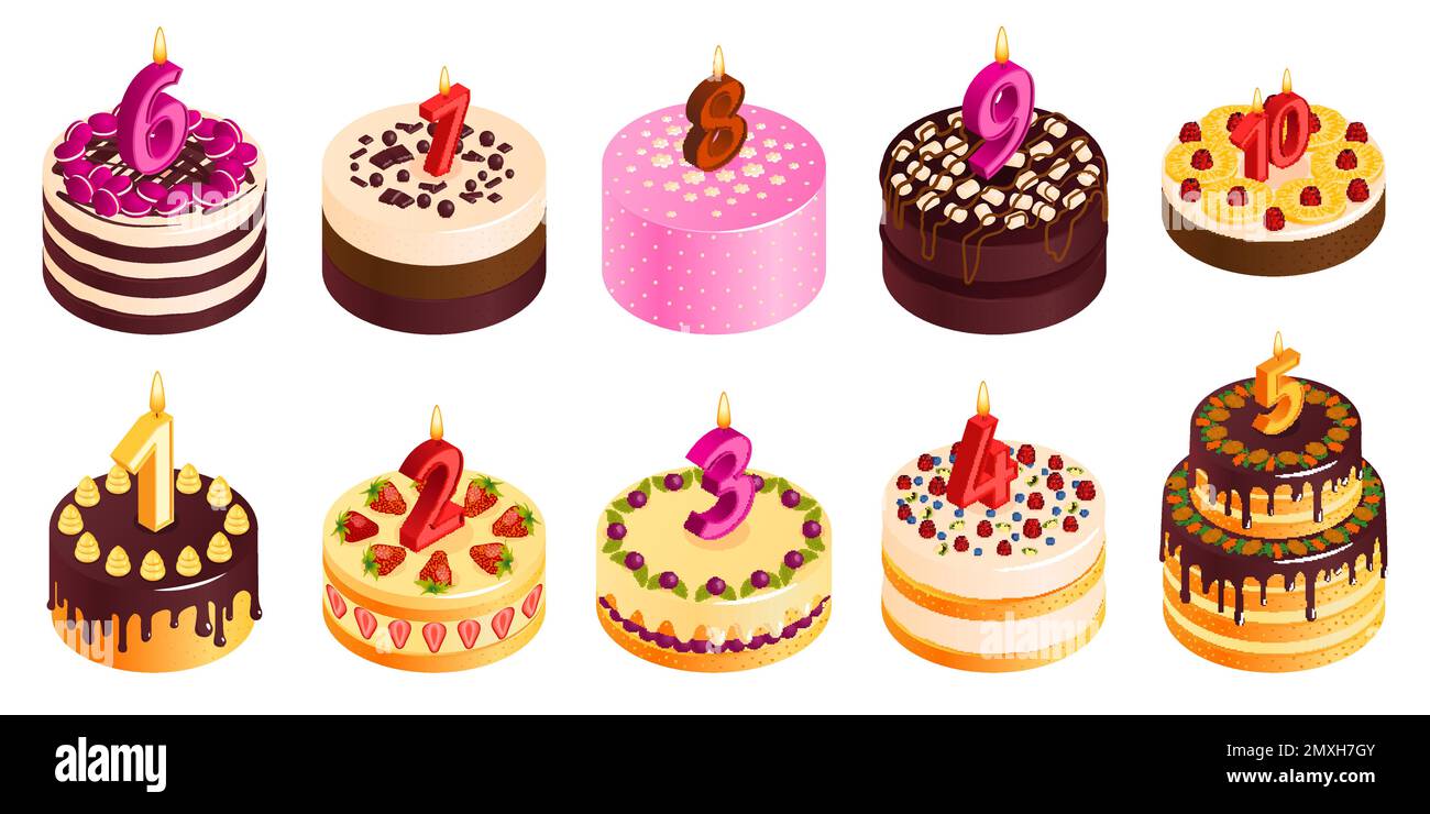 Birthday cake set with candles and cream isometric isolated vector ...