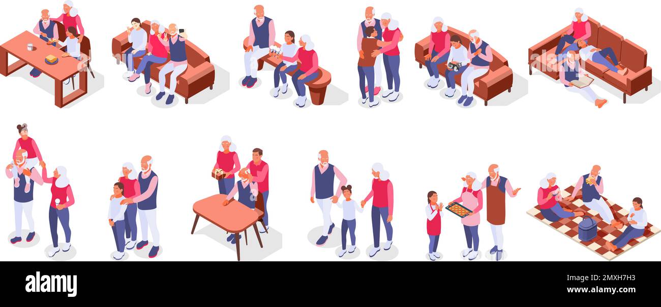 Grandparents with children color set of friendly family members ...