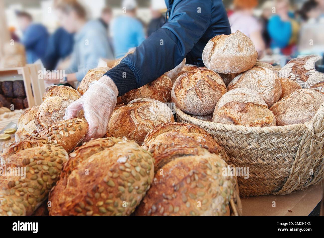 Rye sourdough bread with sunflower seeds on the counter. Bulging round ...