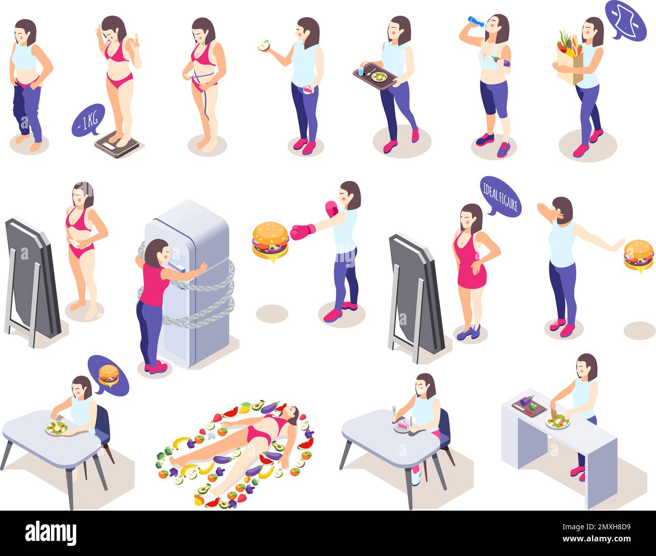 Woman on diet isometric icons collection with female human characters ...