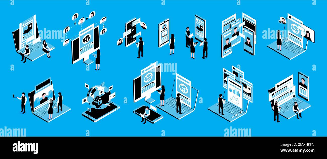 Isometric light blue social media icon set with different social ...