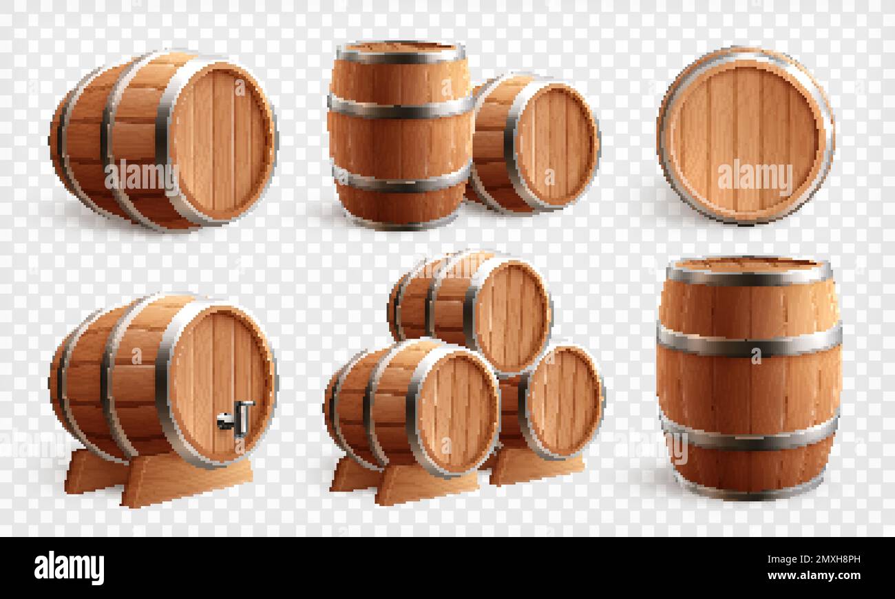 Wooden barrels realistic set of isolated images with different views of ...