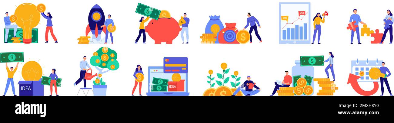 Crowdfunding icon set funding a project with different amounts of money ...