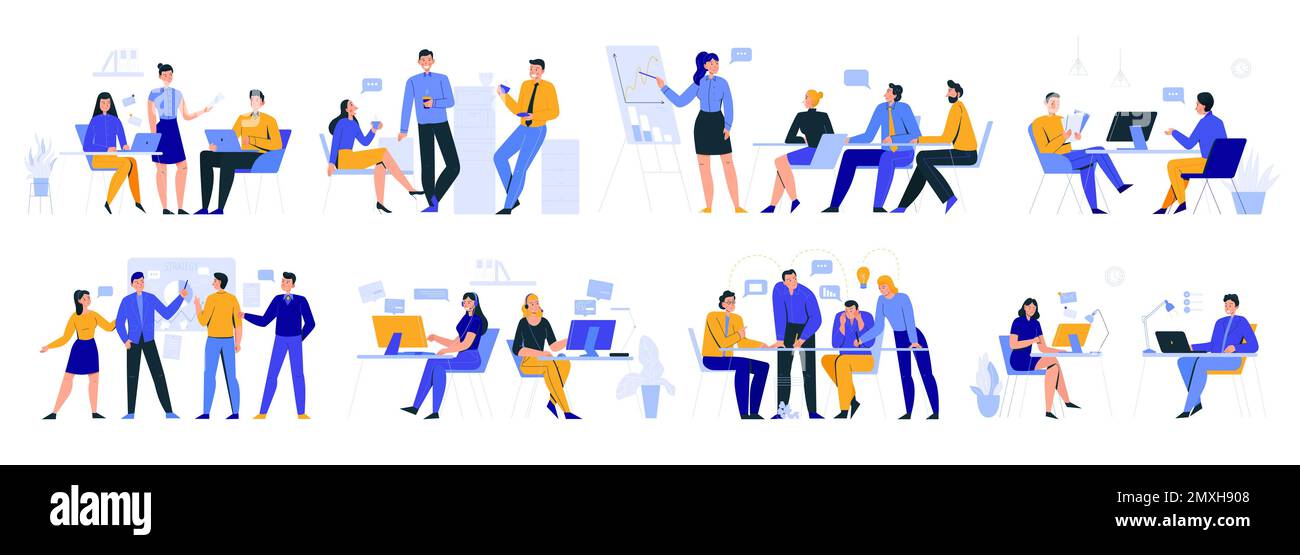 Office work moments flat set with project presentation coffee break ...