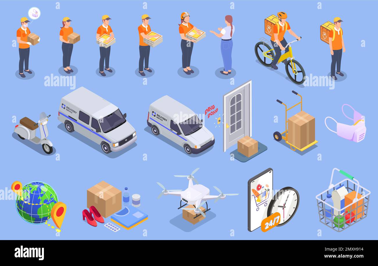 Delivery company service isometric set with isolated icons of goods ...