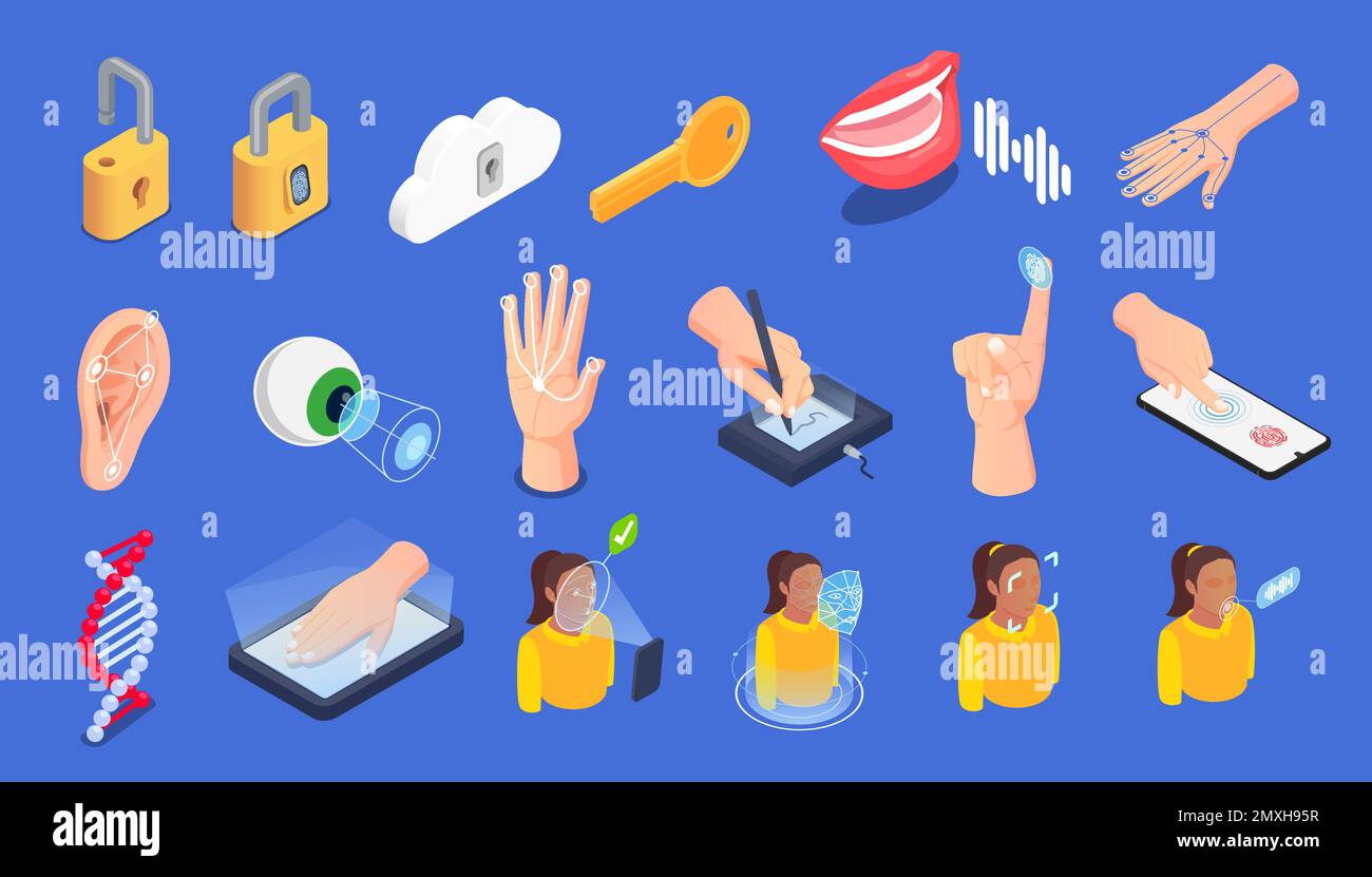 Biometric Authentication Isometric Icons Set With Fingerprint Voice Eye