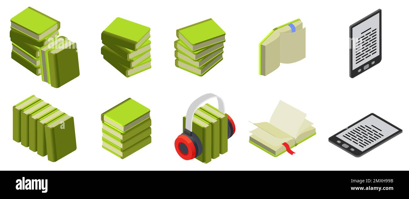 Reading isometric set of isolated book icons with rows stacks and e ...