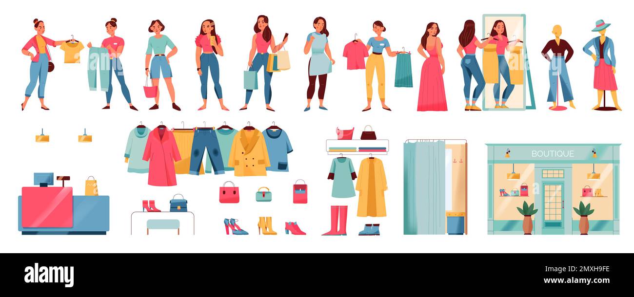 Women in clothing store set with dressing rooms flat isolated vector ...