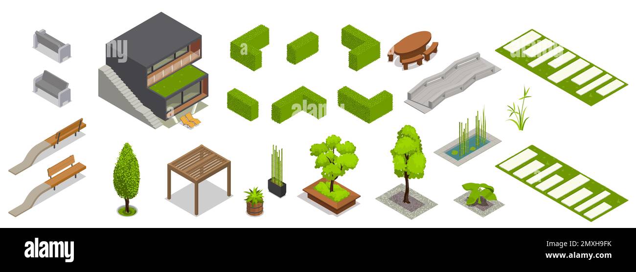 Landscape design isometric set with isolated icons of plants and garden ...