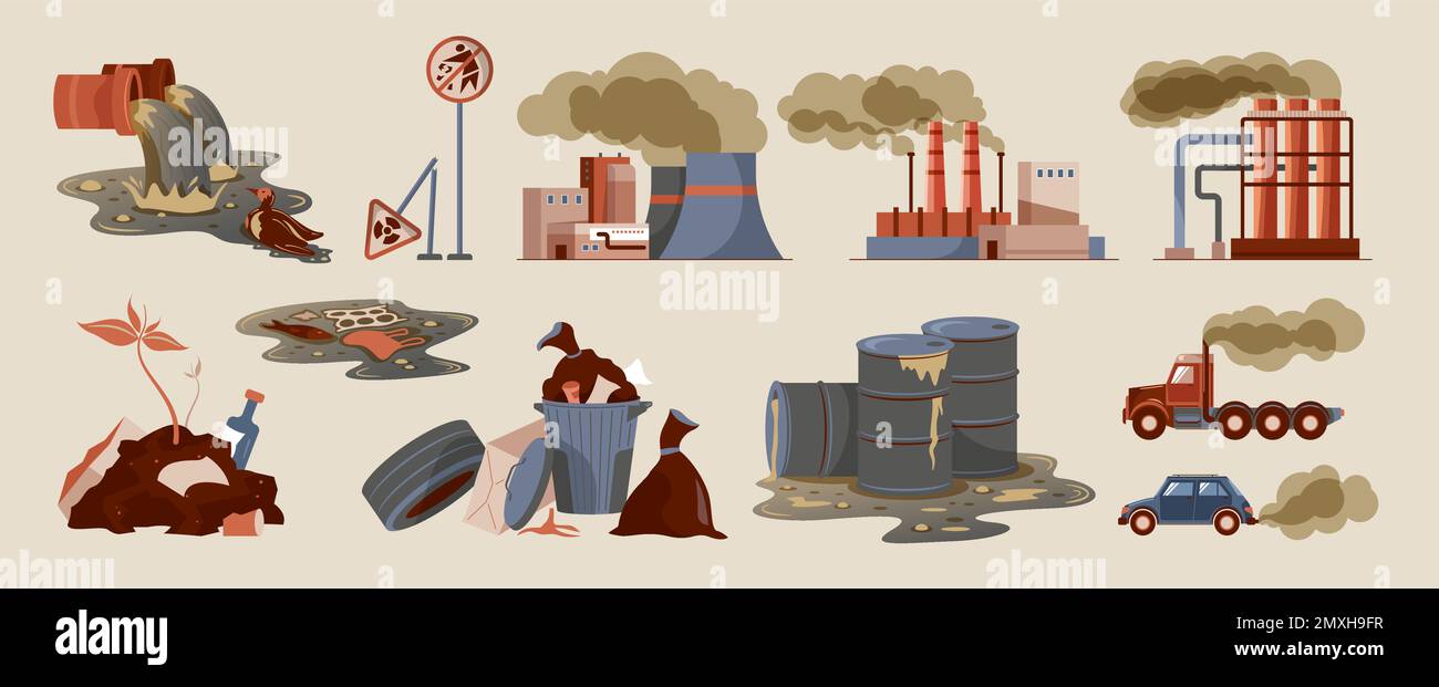 Flat icons set with cars industrial buildings toxic waste litter ...