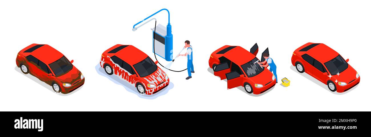 Car wash isometric and colored composition four steps of washing red ...