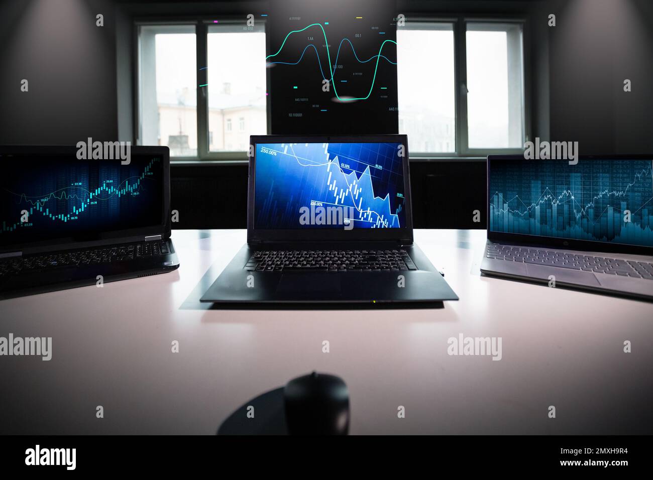 Laptop with abstract forex chart. Digital graph rising and falling ...