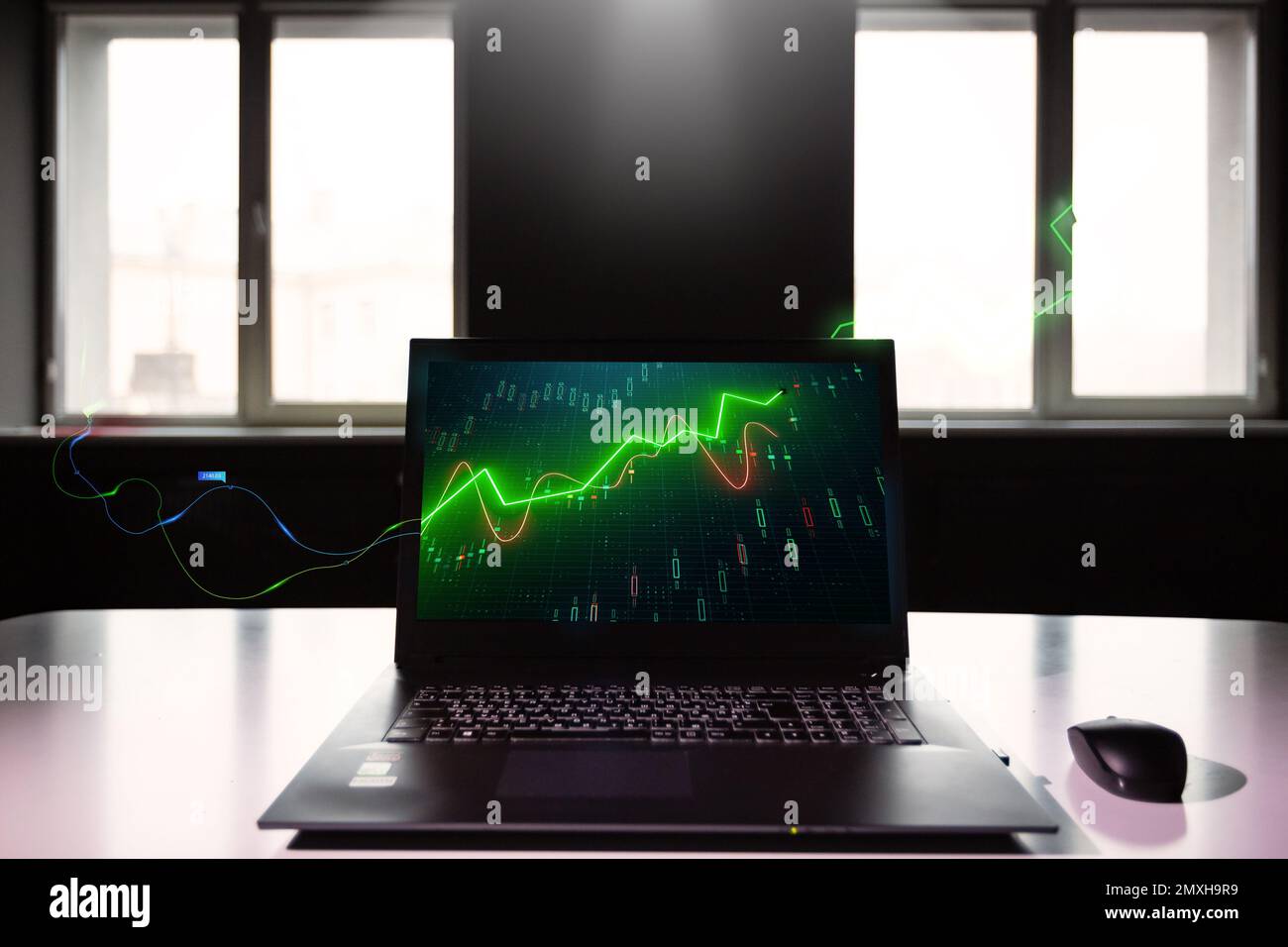 Laptop with abstract forex chart. Digital graph rising and falling ...