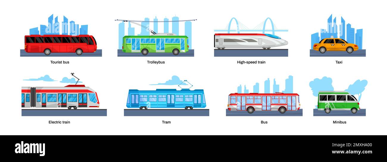 Public transport design concept set landscapes with tourist bus ...