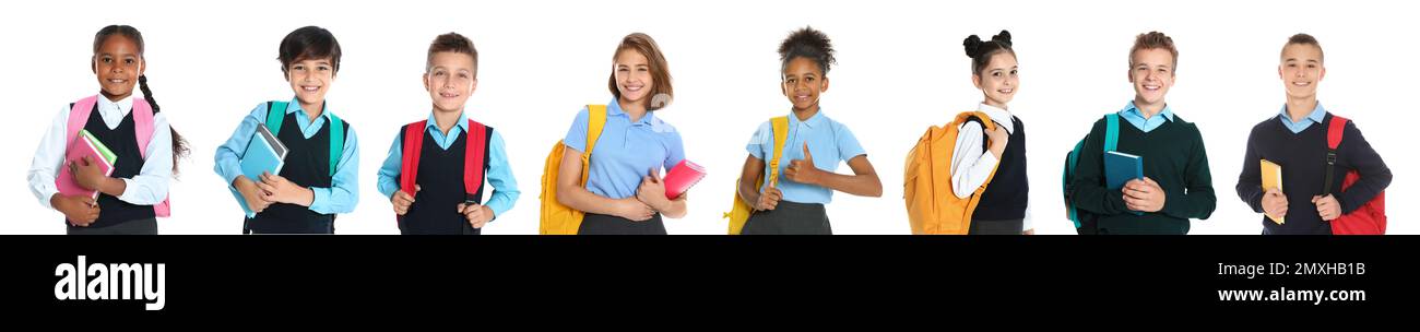 Children in school uniforms on white background. Banner design Stock ...
