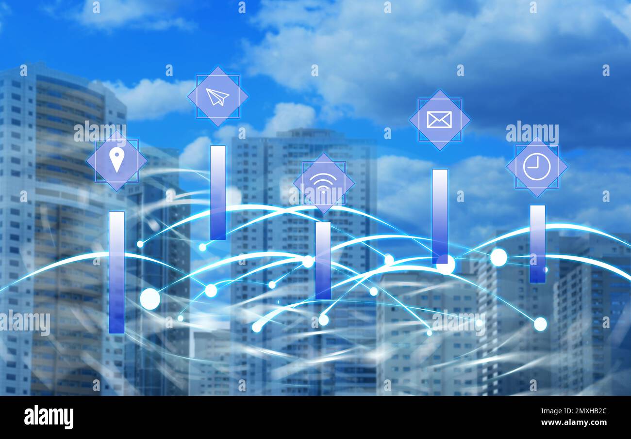 Futuristic technology concept. Icons with network on city background ...