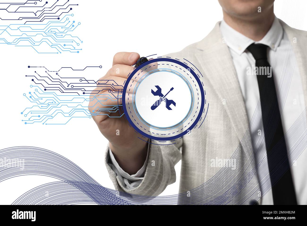 Man drawing on virtual screen against white background, closeup ...