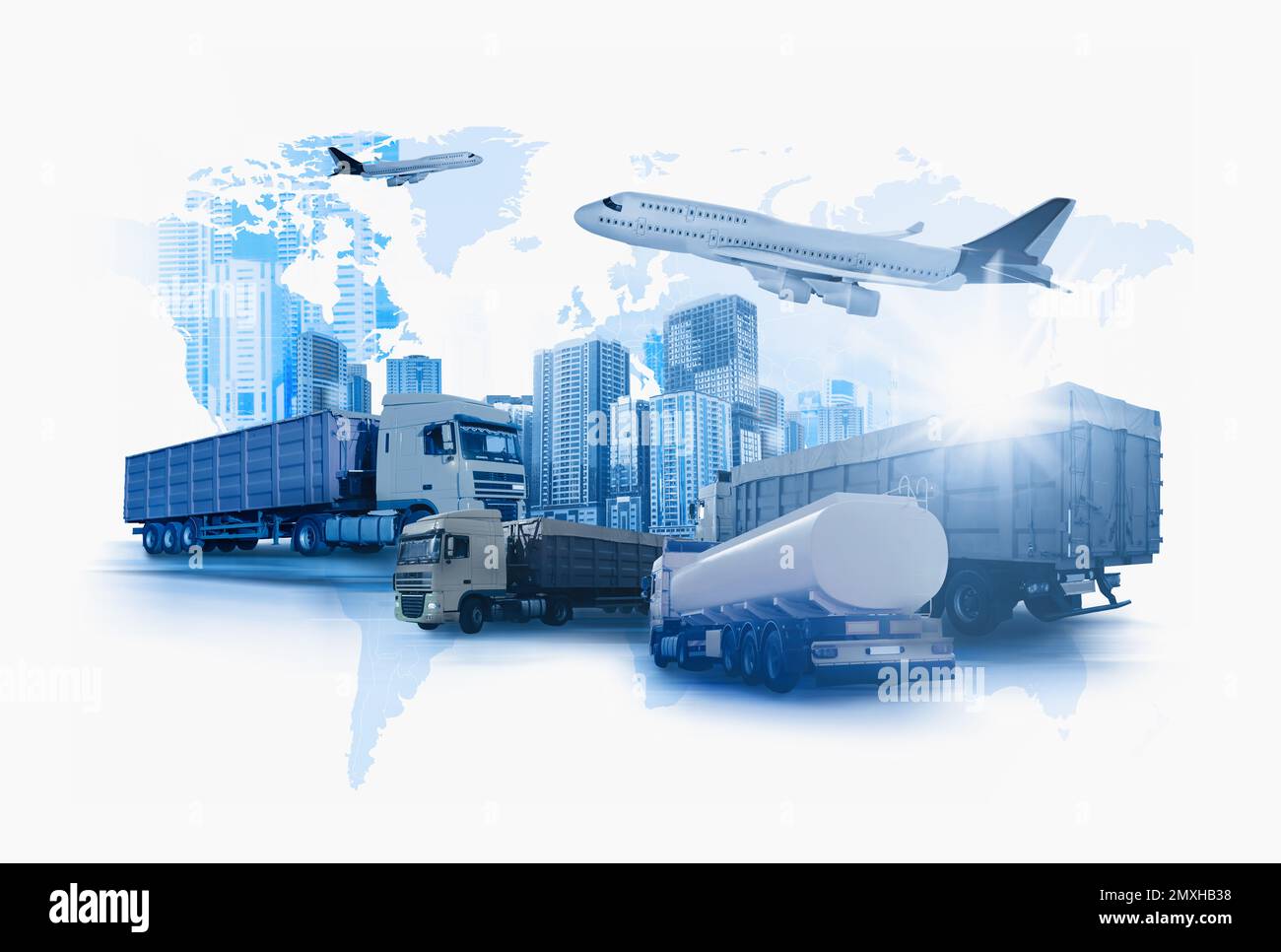 Logistics concept. Multiple exposure of different transports and world ...