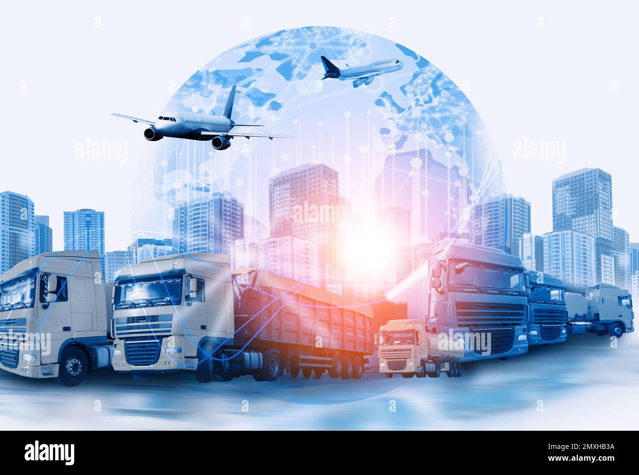Logistics concept. Multiple exposure of different transports and world ...
