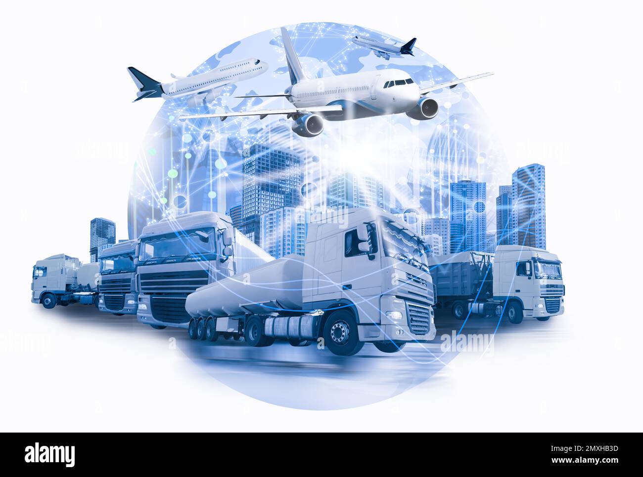 Logistics concept. Multiple exposure of different transports and world ...