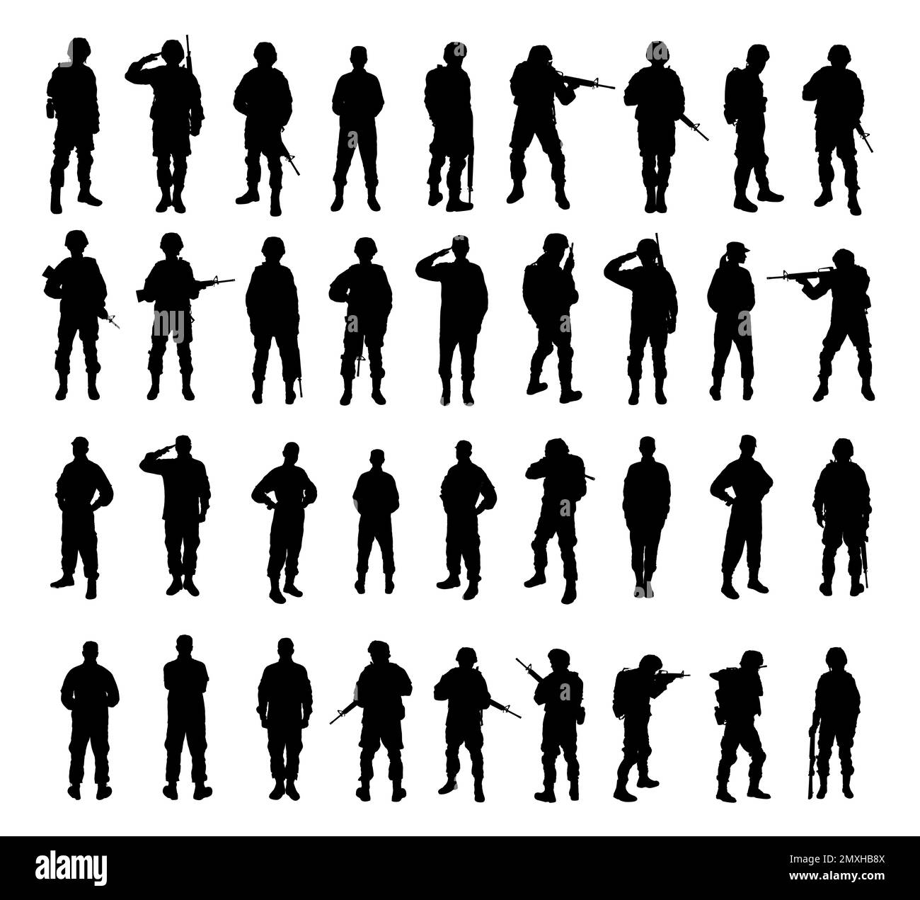 Collage with silhouettes of soldiers on white background. Military ...