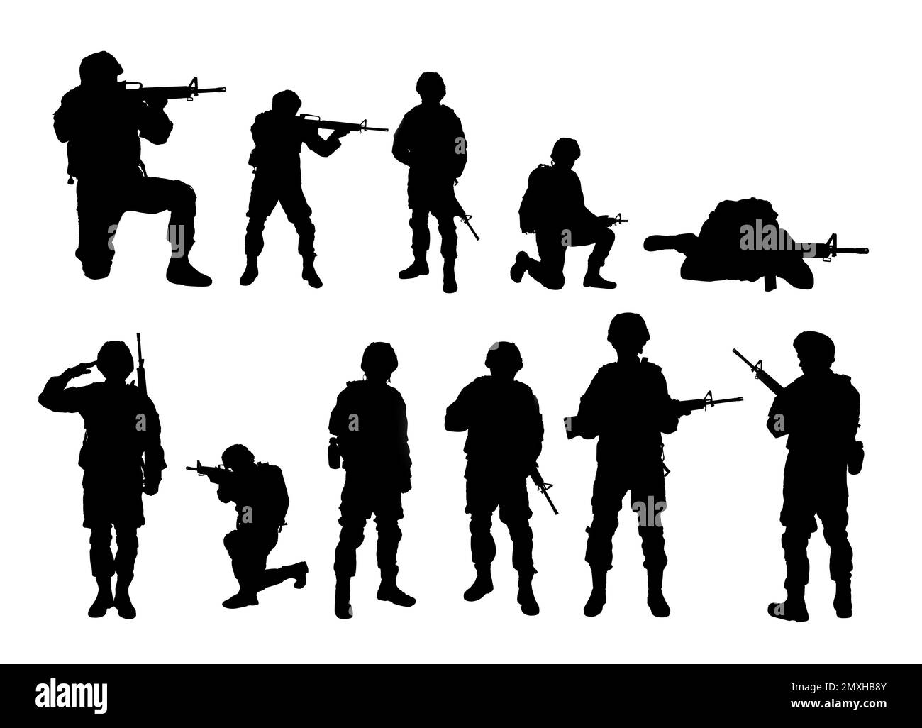 Collage with silhouettes of soldiers on white background. Military ...