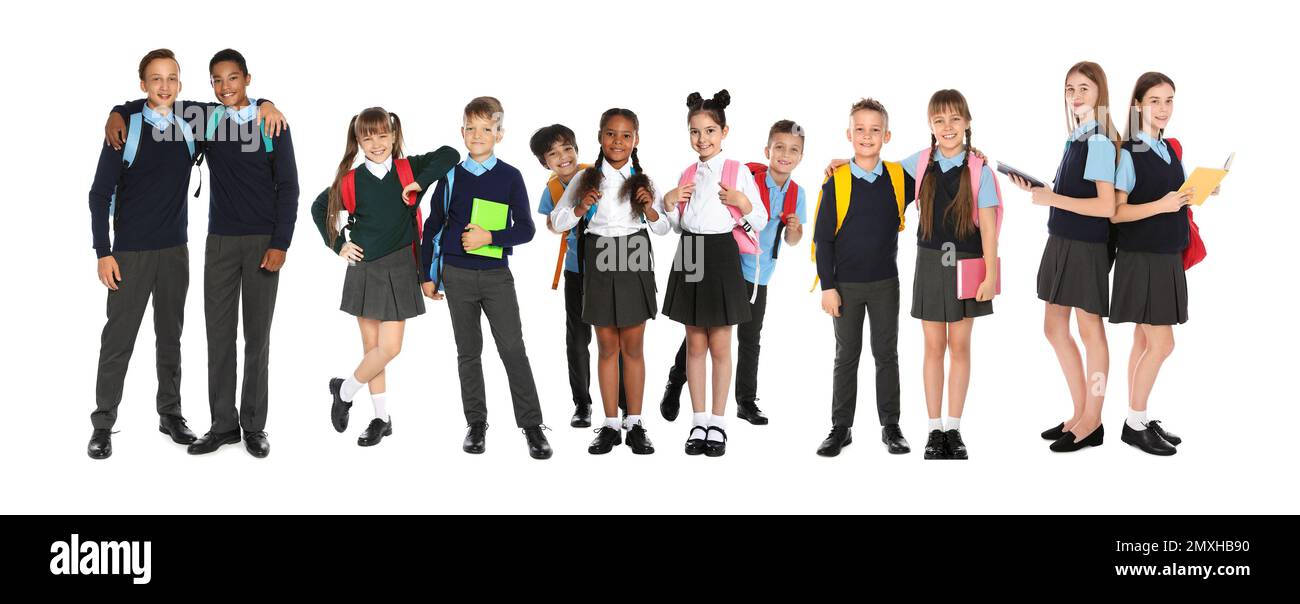 Children in school uniforms on white background. Banner design Stock ...