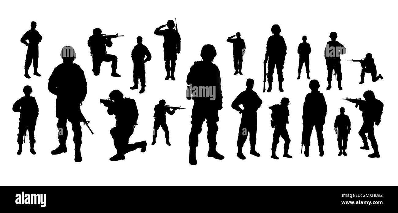 Collage with silhouettes of military soldiers on white background ...