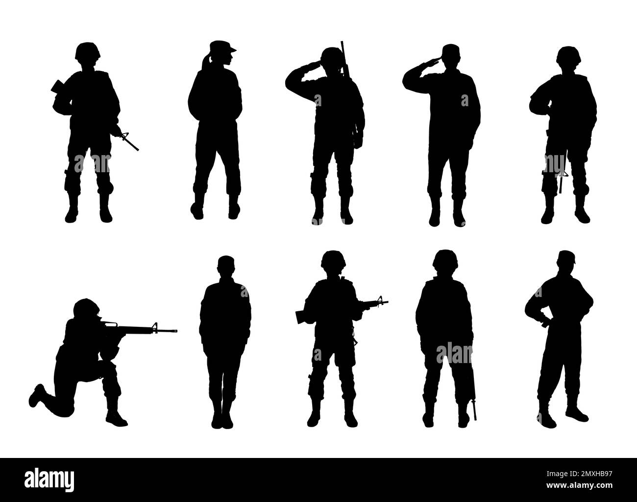 Collage with silhouettes of soldiers on white background. Military ...