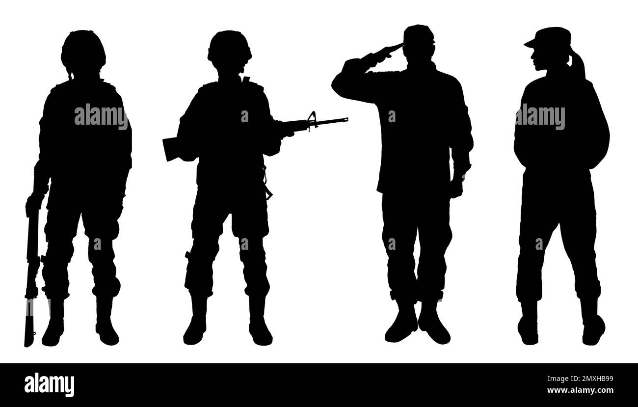 Collage with silhouettes of military soldiers on white background ...