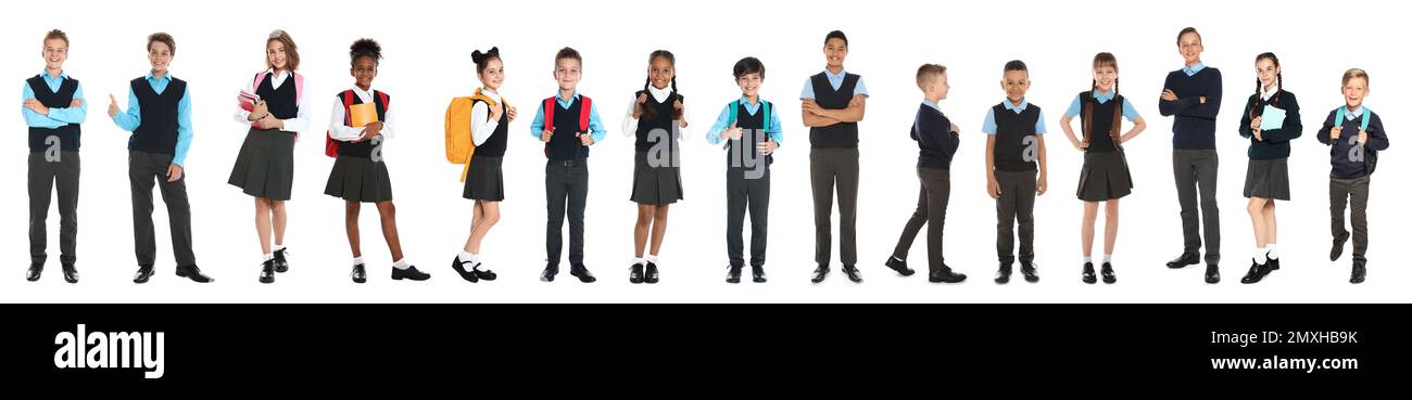 Children in school uniforms on white background. Banner design Stock ...