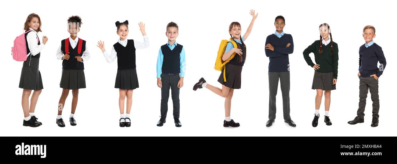 Children in school uniforms on white background. Banner design Stock ...