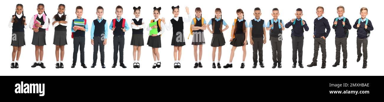 Children in school uniforms on white background. Banner design Stock ...