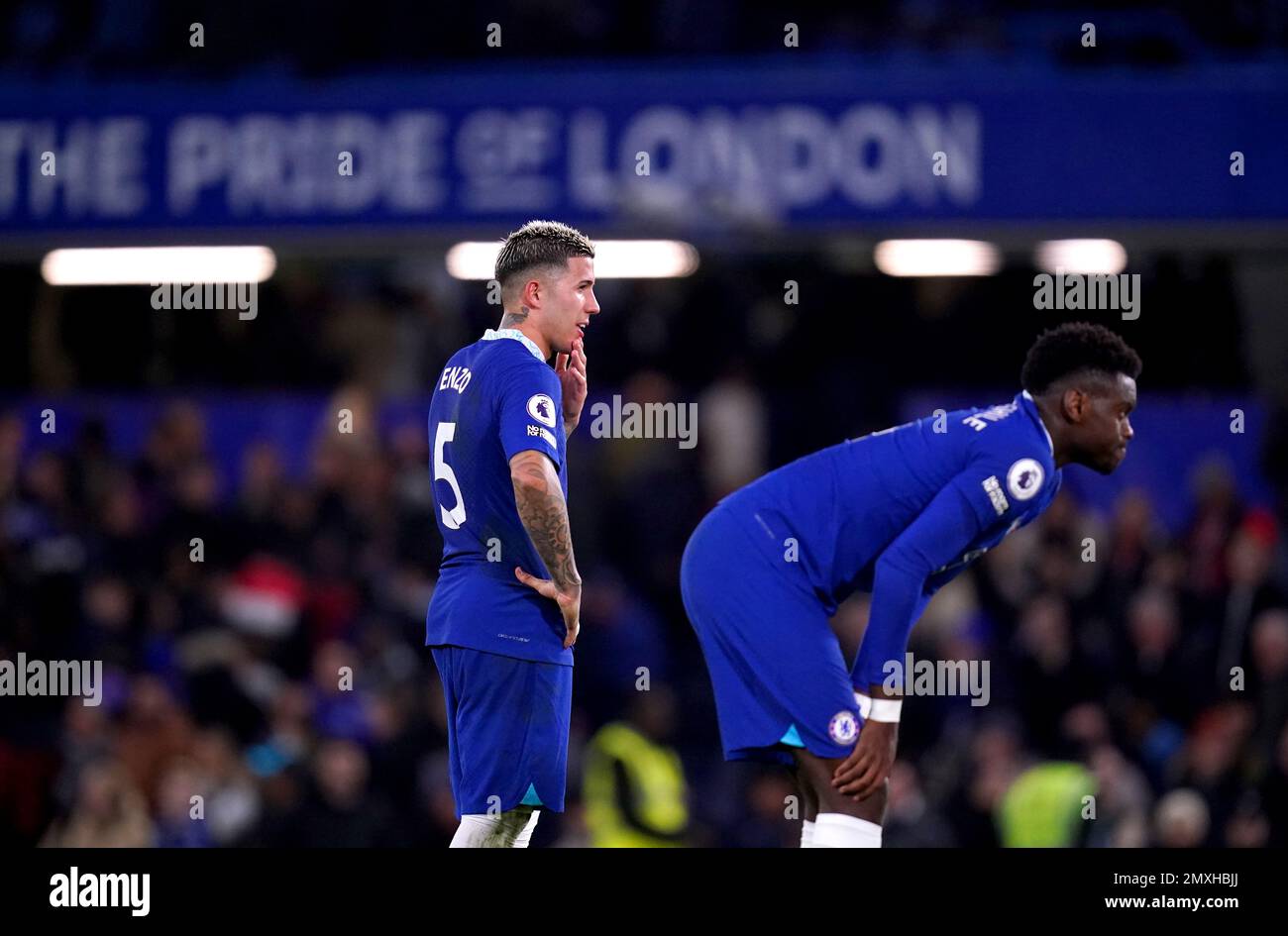 Chelsea's Enzo Fernandez (left) and Benoit Badiashile at the end of the ...