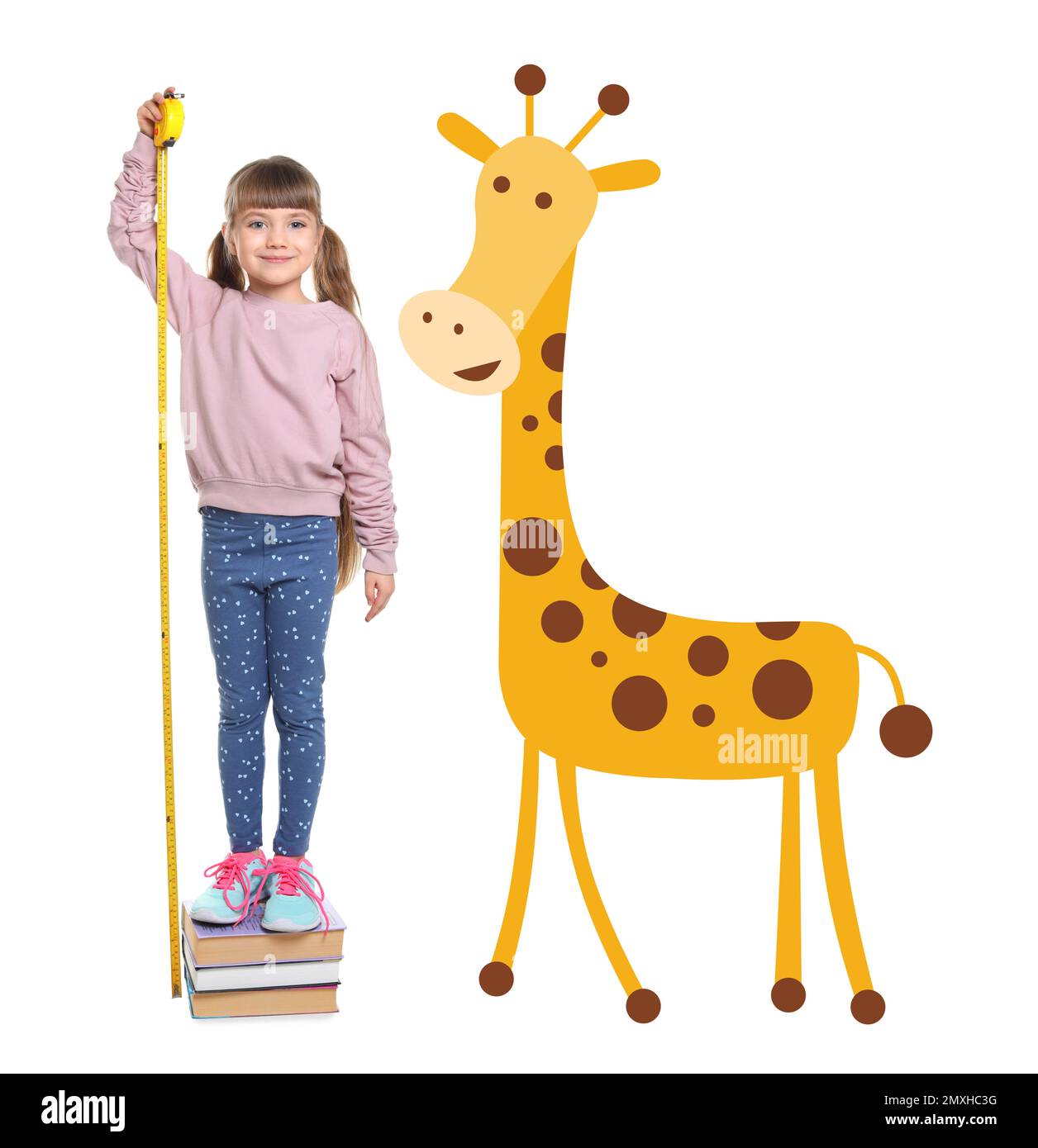 Little girl measuring height and drawing of giraffe on white background ...