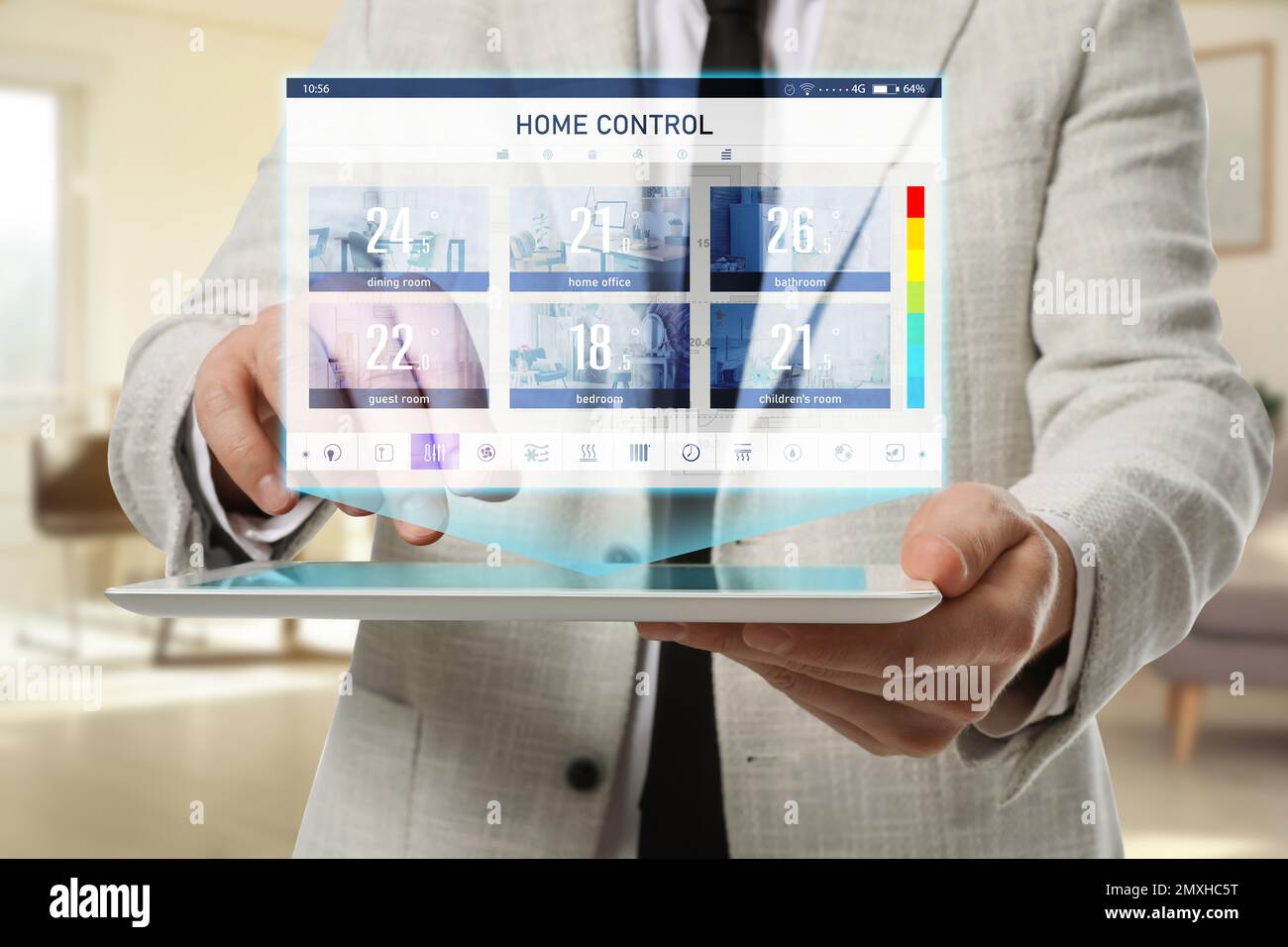 Man using laptop to set indoor temperature, closeup. Smart home ...
