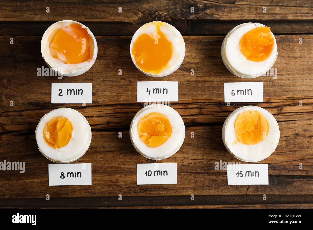Different cooking time and readiness stages of boiled chicken eggs on ...