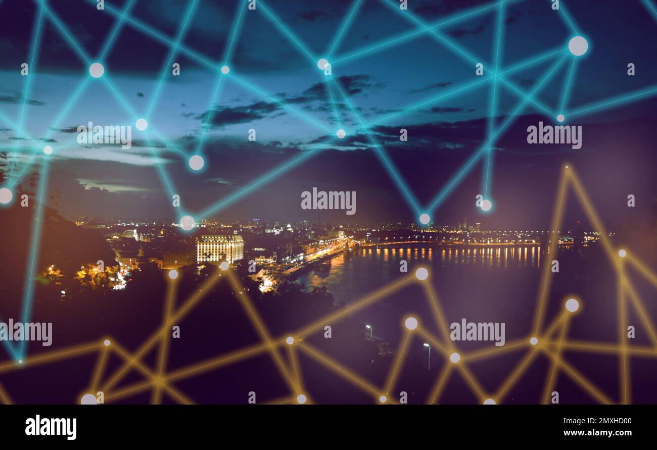 Futuristic communication technology concept. City covered with digital ...