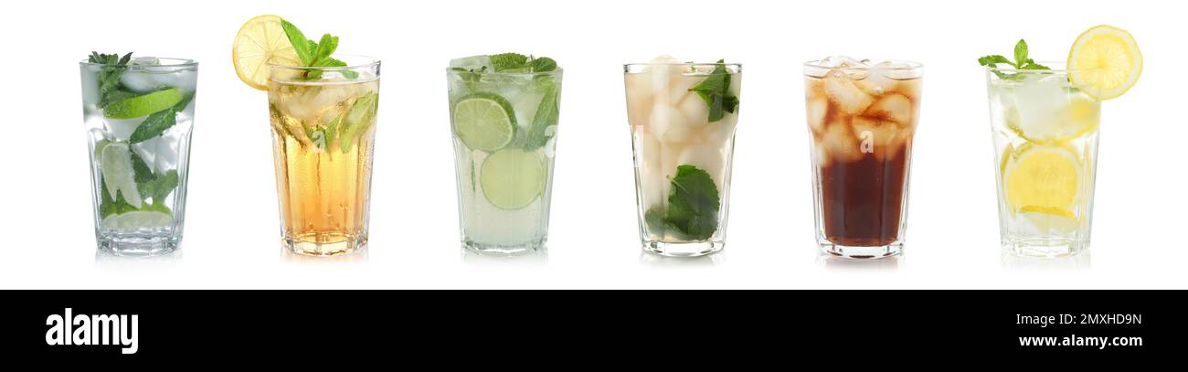Set of different refreshing drinks on white background. Banner design ...