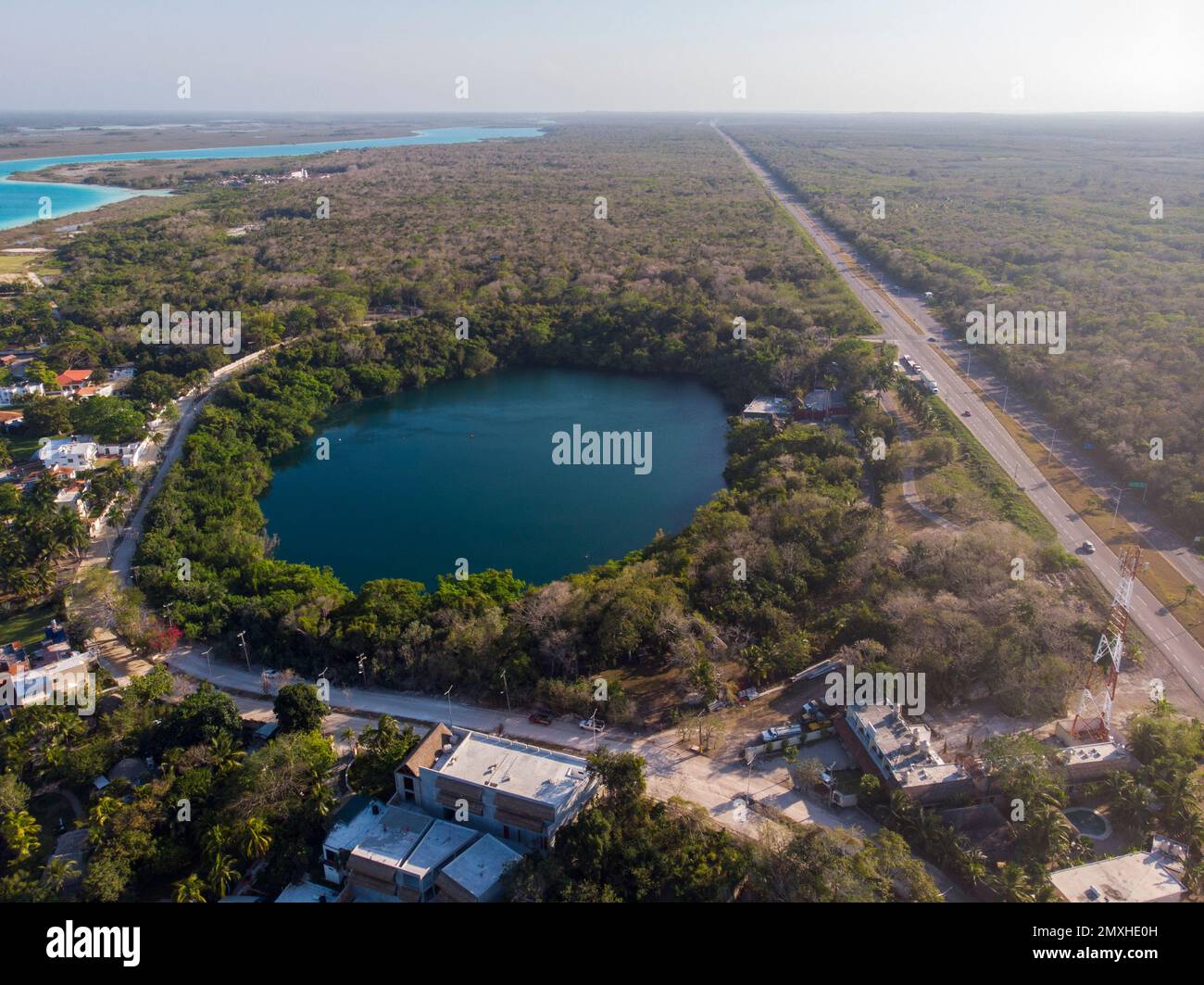 Aerial Drone Shot of Beautiful Cenote Azul and view on 7 seven colors ...