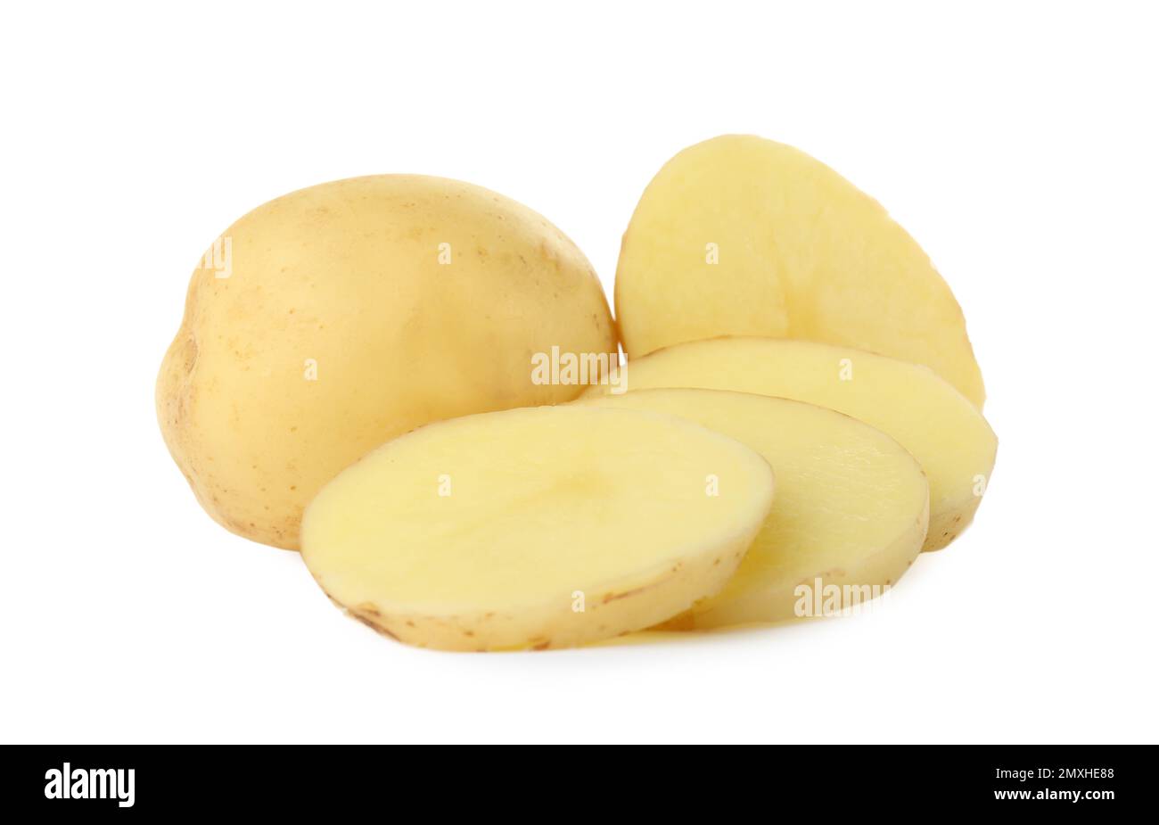 Whole and cut fresh raw organic potatoes on white background Stock ...