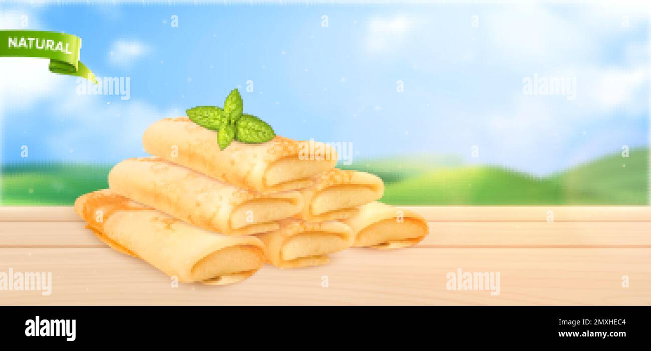 Maslenitsa realistic composition with stack of wrapped pancakes at ...