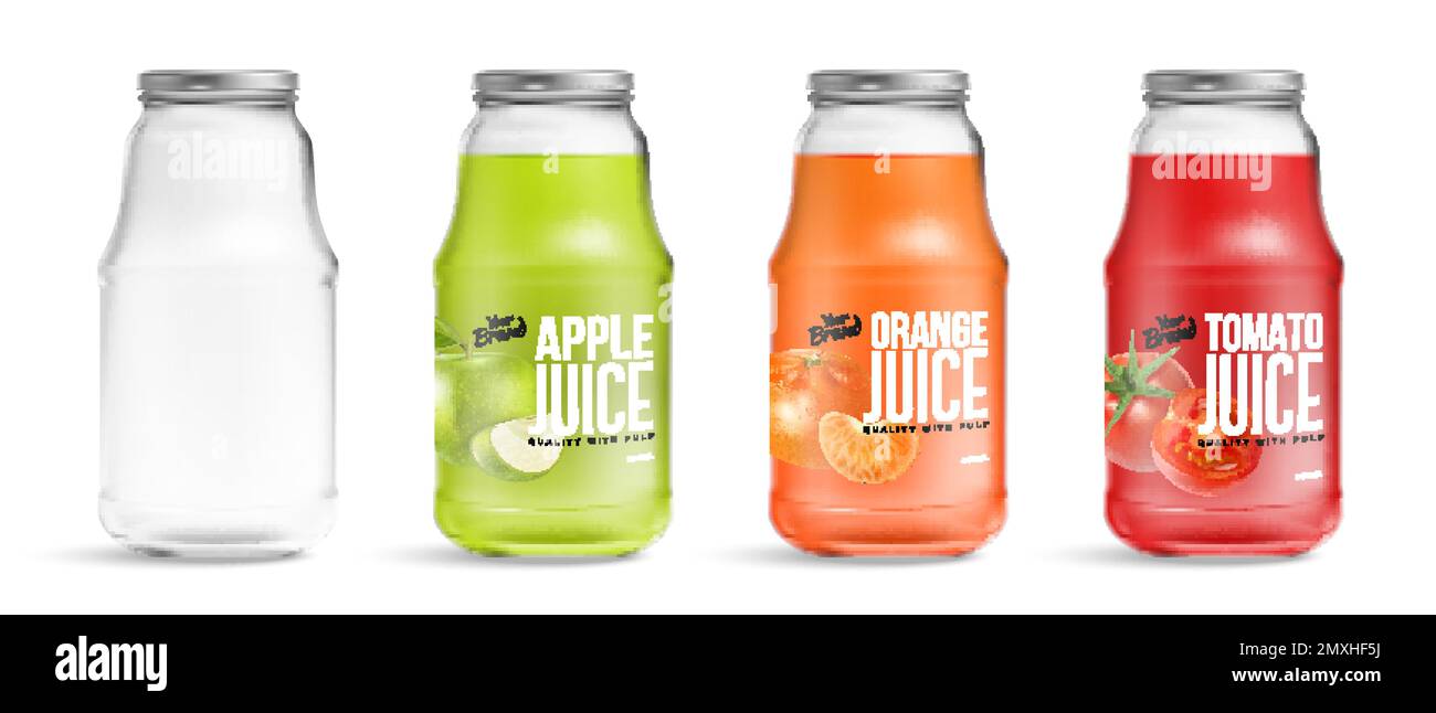 Realistic glass jars set with isolated images of bottles empty with ...