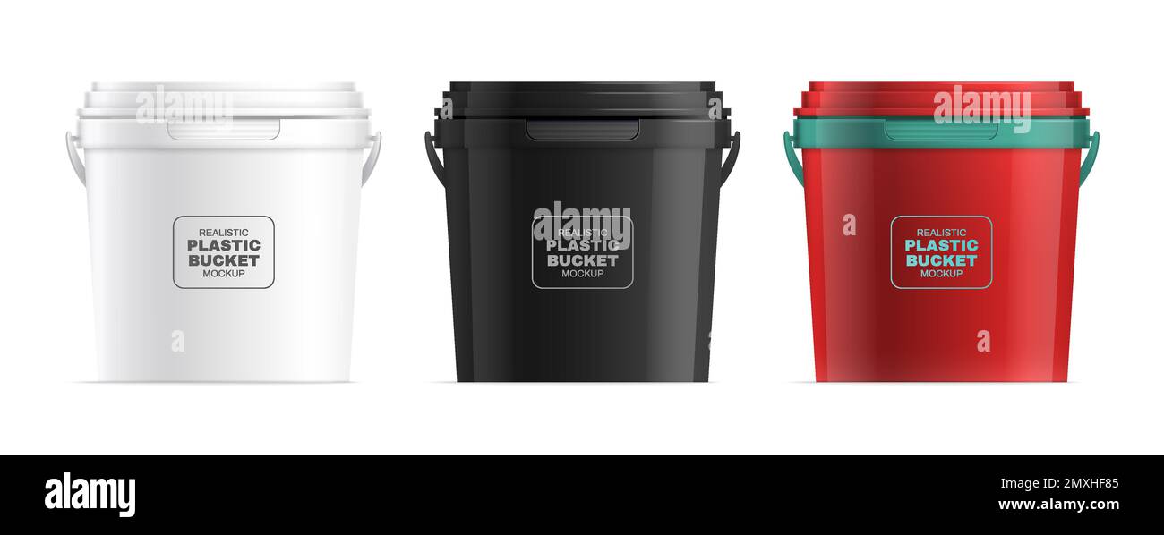 Realistic plastic buckets set in white black and red colors isolated ...