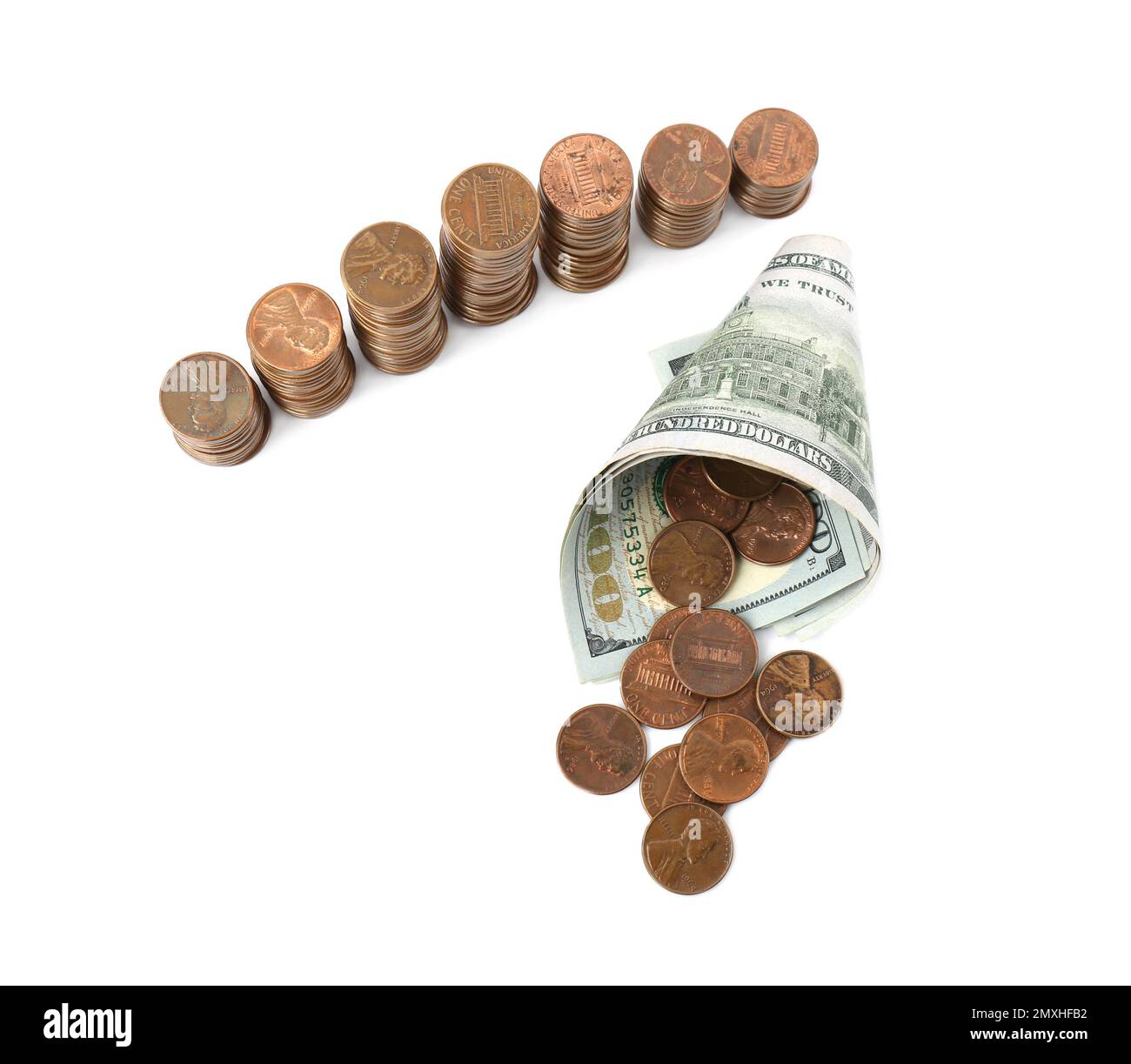 Dollar bill and coins isolated on white Stock Photo - Alamy