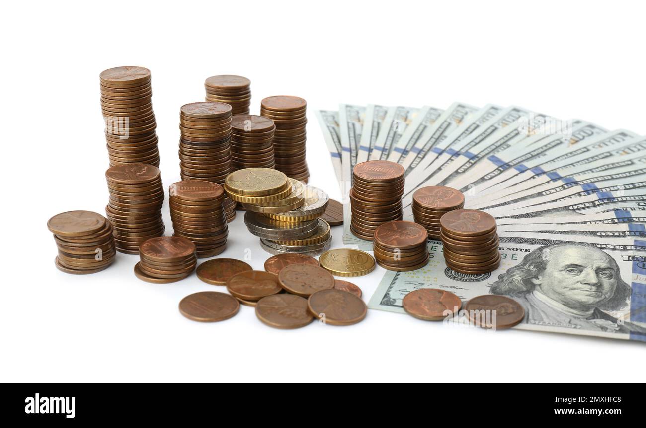 Dollar bills and coins isolated on white Stock Photo - Alamy